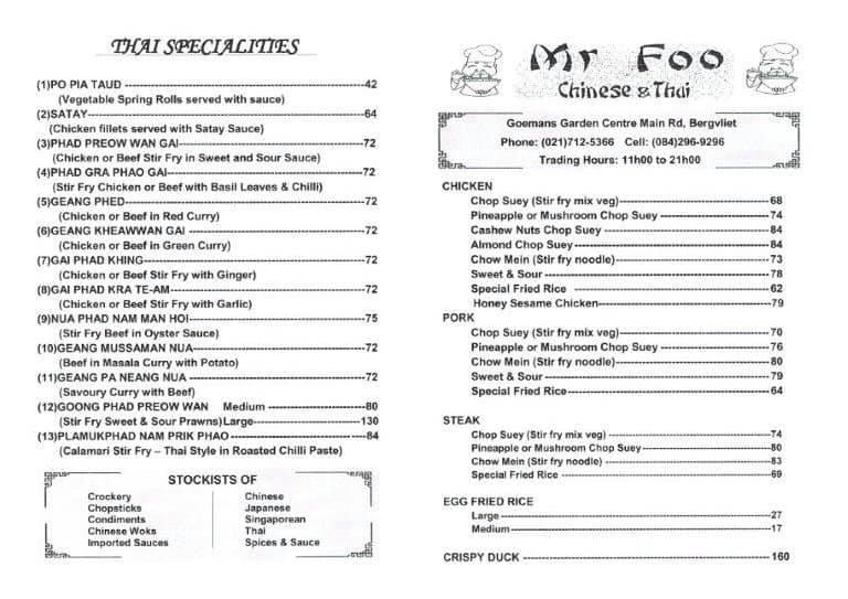 Menu at Mr Foo restaurant, Cape Town, Goemans Garden Centre