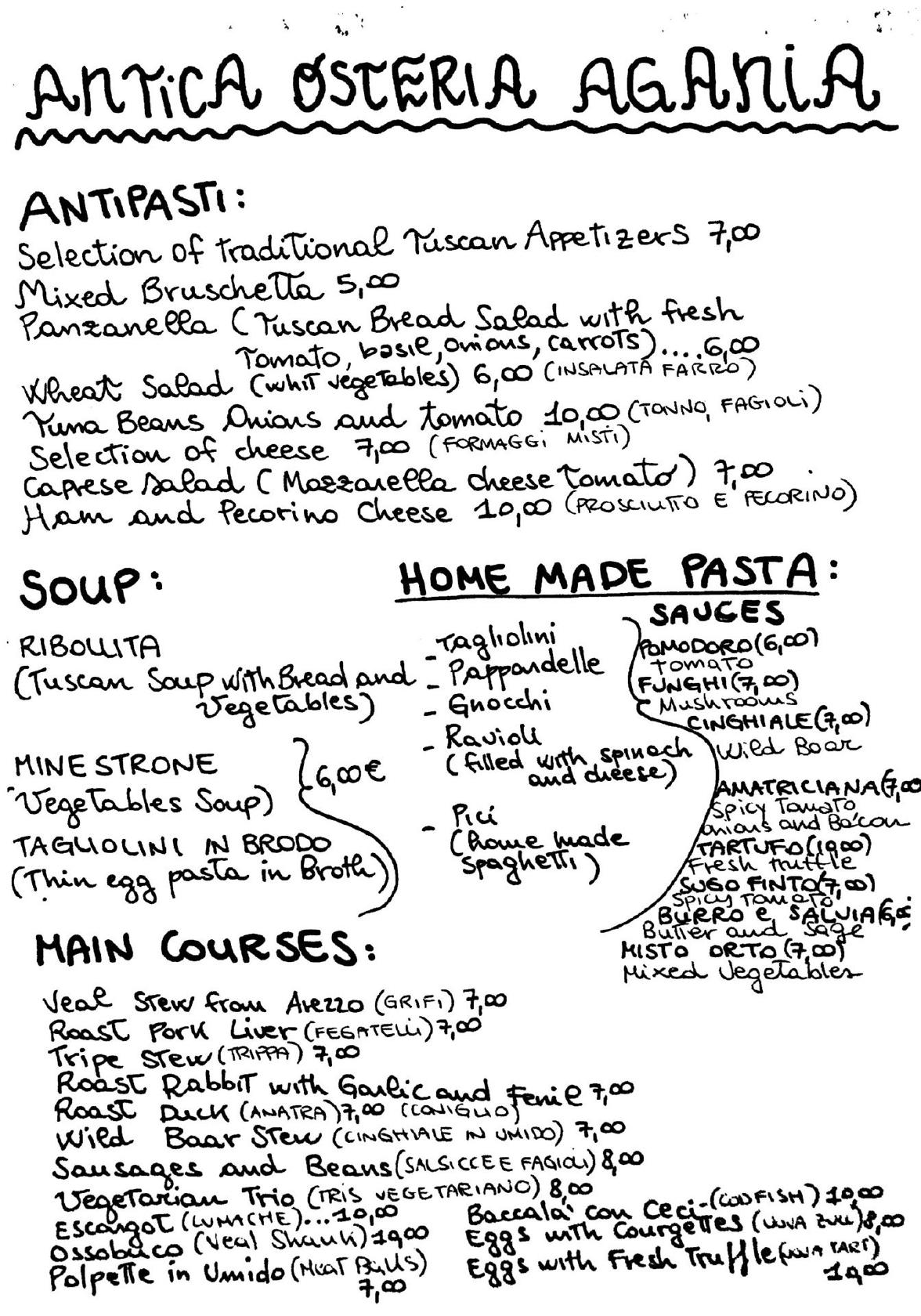 Menu at Antica Osteria l'Agania restaurant, Arezzo