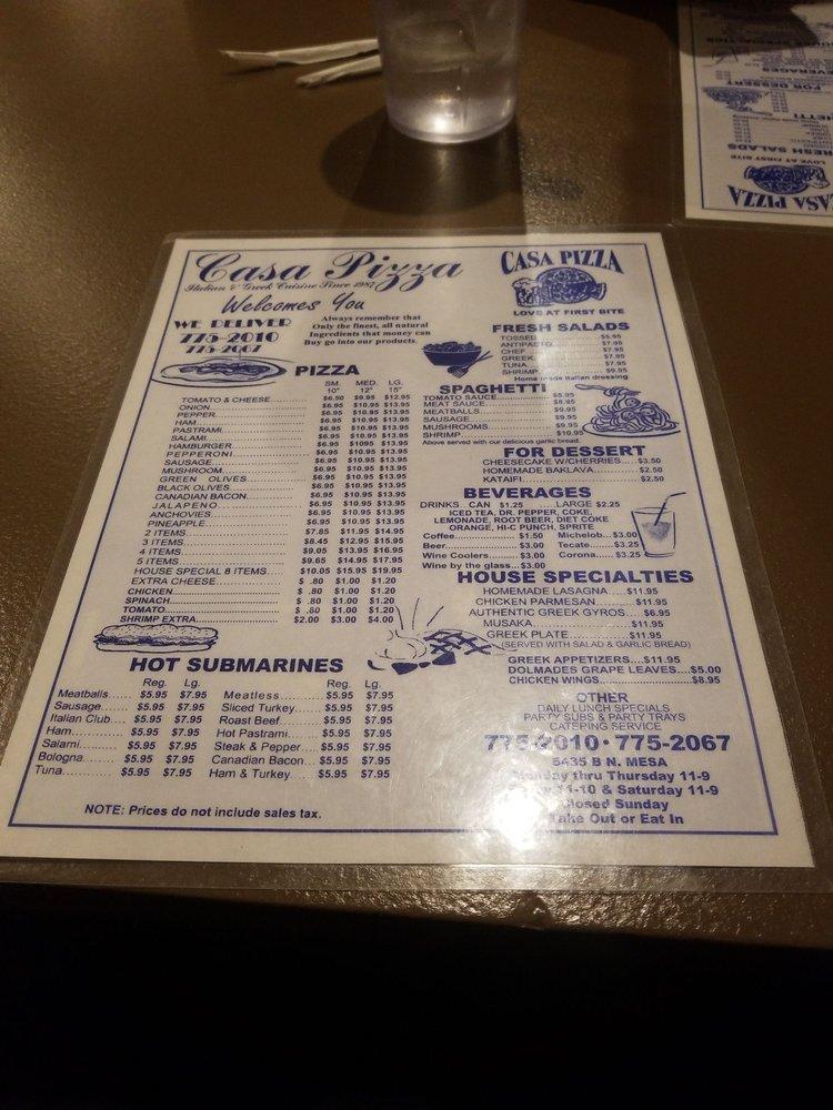 Menu at Casa Pizza Restaurant, El Paso, Chelsea St
