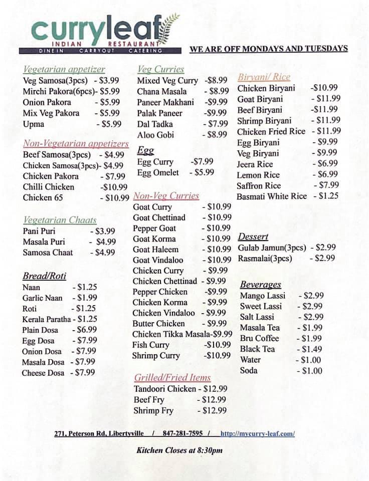 Menu at Curry Leaf Indian Restaurant, Libertyville