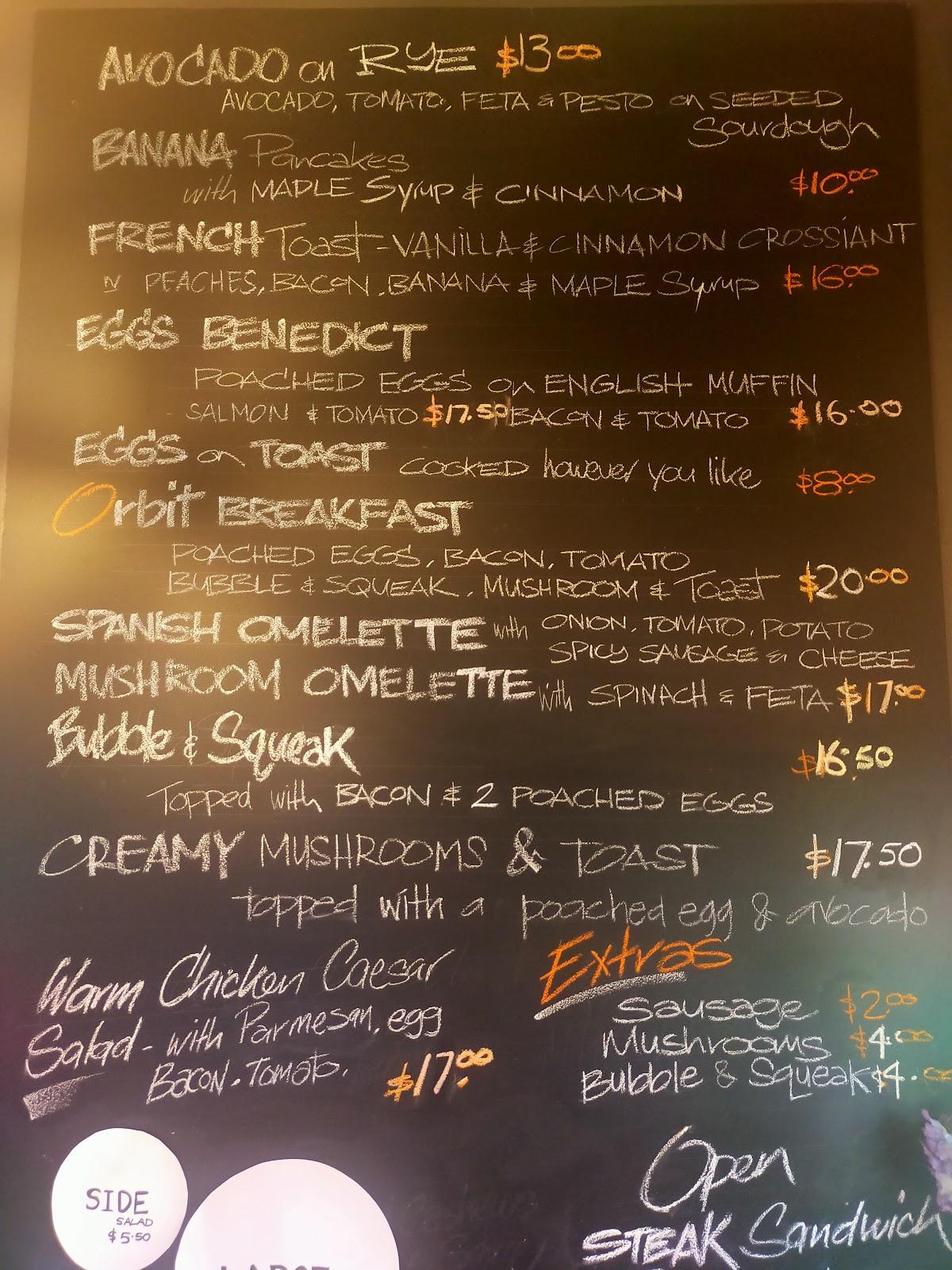 Menu at Orbit Cafe, Napier, 36 Gloucester St
