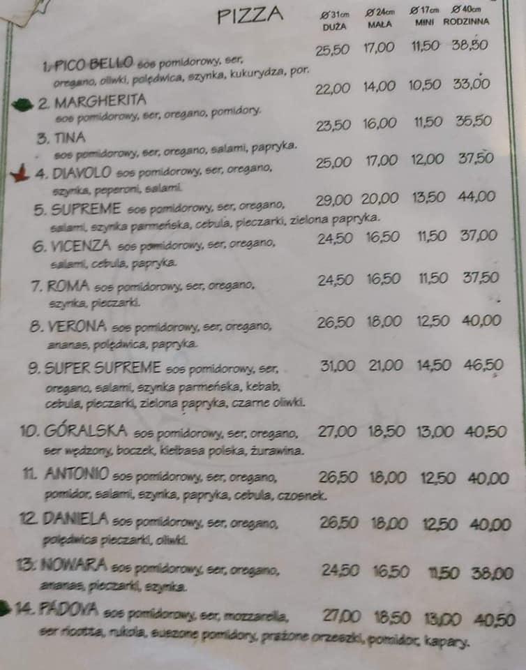 Menu at Pico Bello pizzeria, Wolsztyn