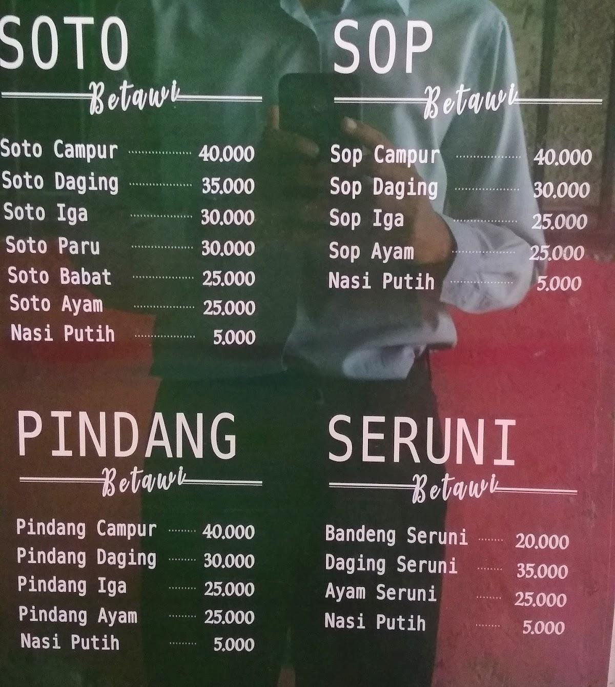 Menu at Soto Betawi Mpok Rodemah restaurant, South Jakarta, Jl. Ciputat ...