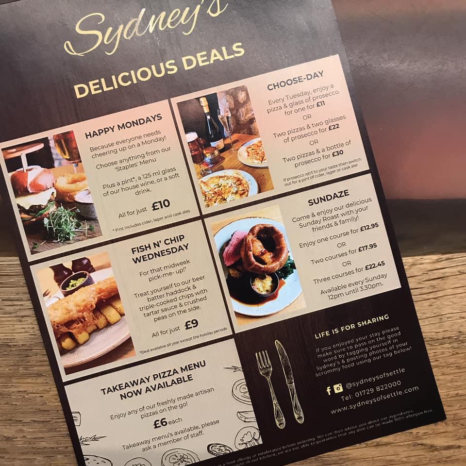 Menu at Sydney's restaurant, Settle