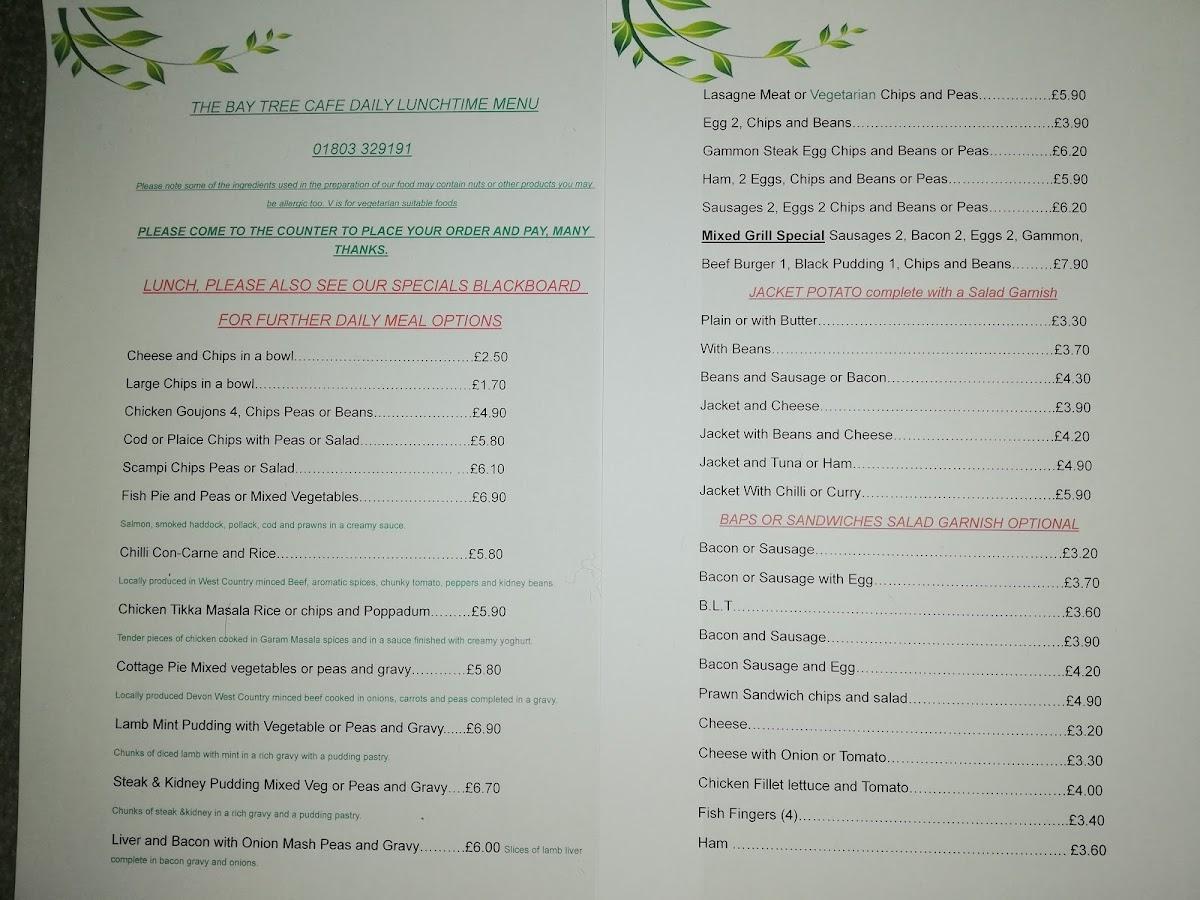 Menu at The Bay Tree Cafe, Torquay