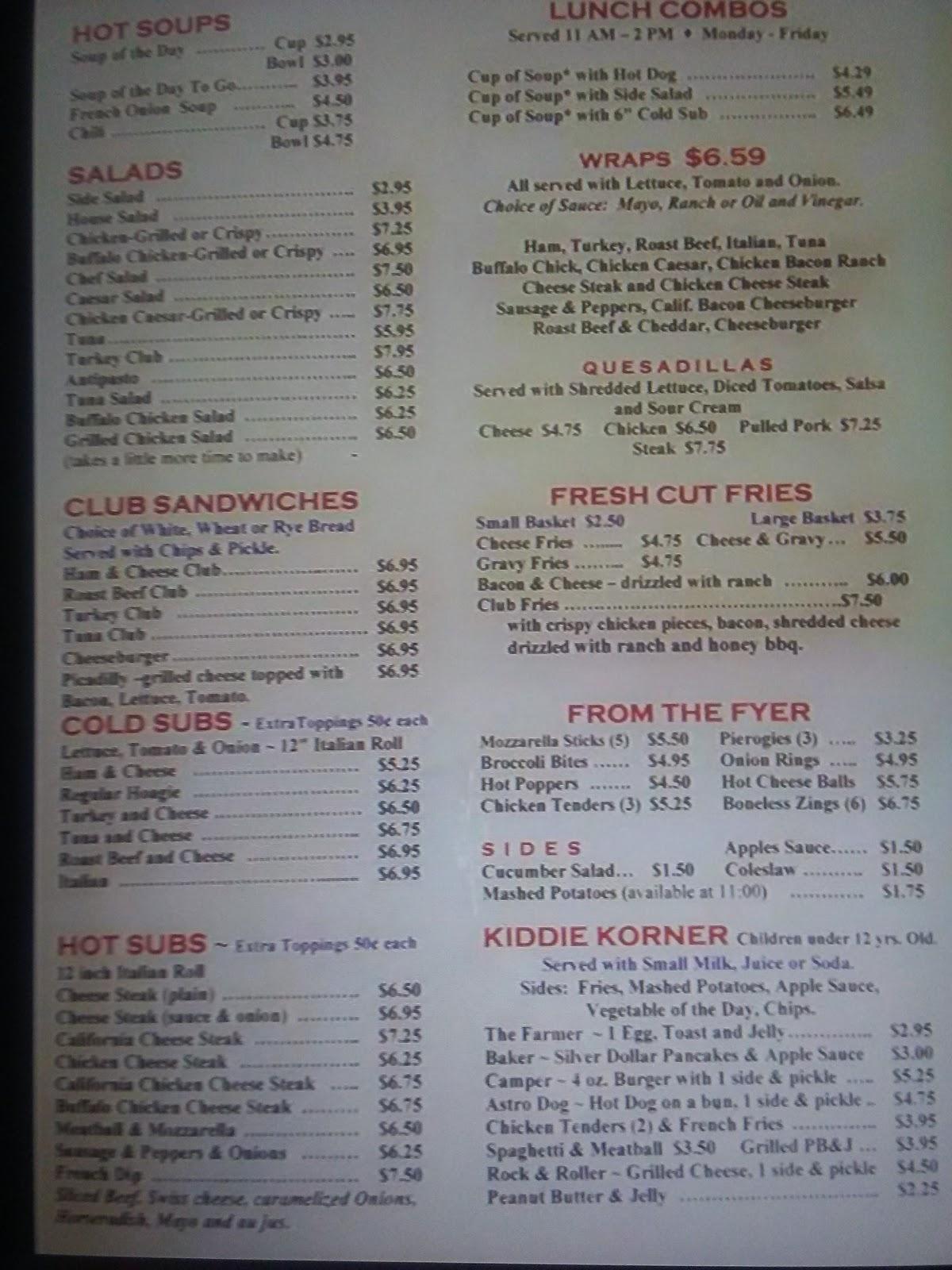 Menu at The Hole In The Wall restaurant, Mahanoy City, 104 W Centre St