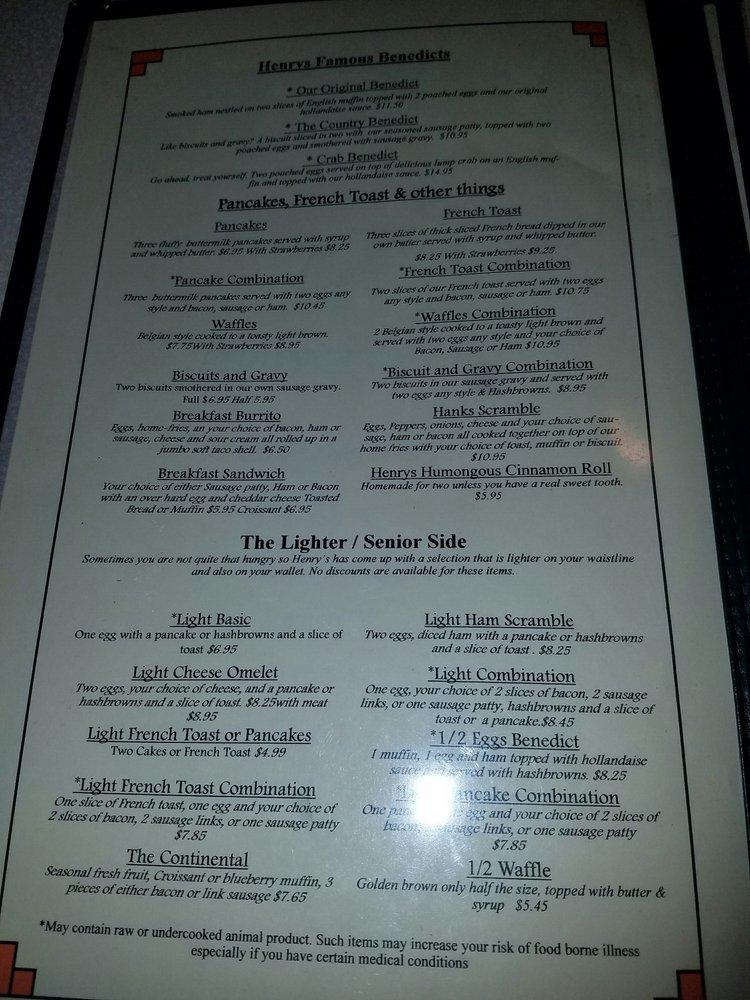 Menu at Henry's restaurant, West Richland