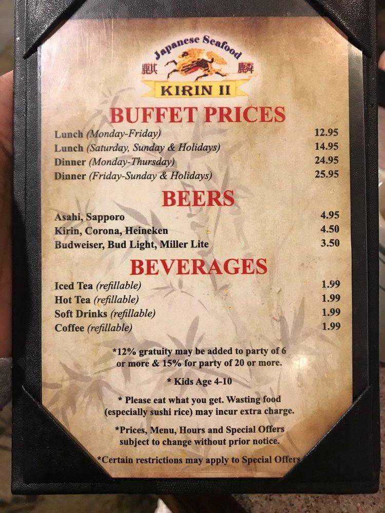 Menu at Kirin Japanese Seafood & Sushi Buffet restaurant, Houston