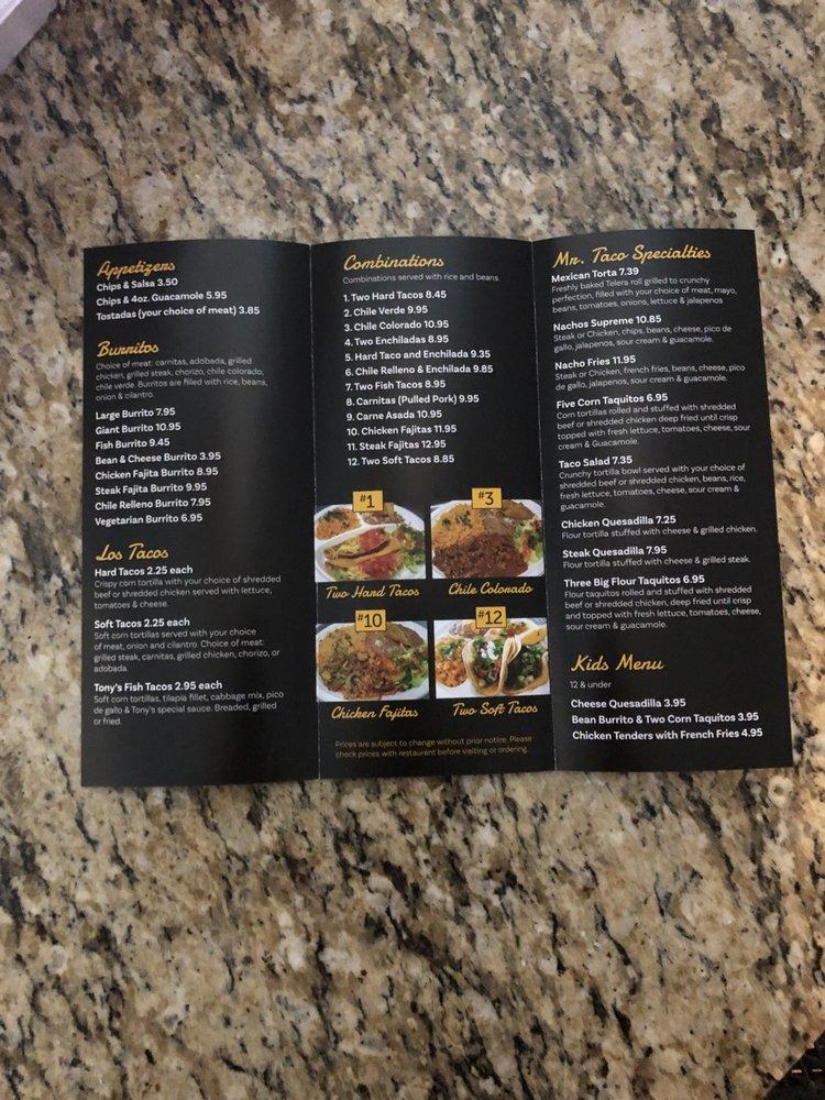 Menu at Mr Taco restaurant, Lompoc