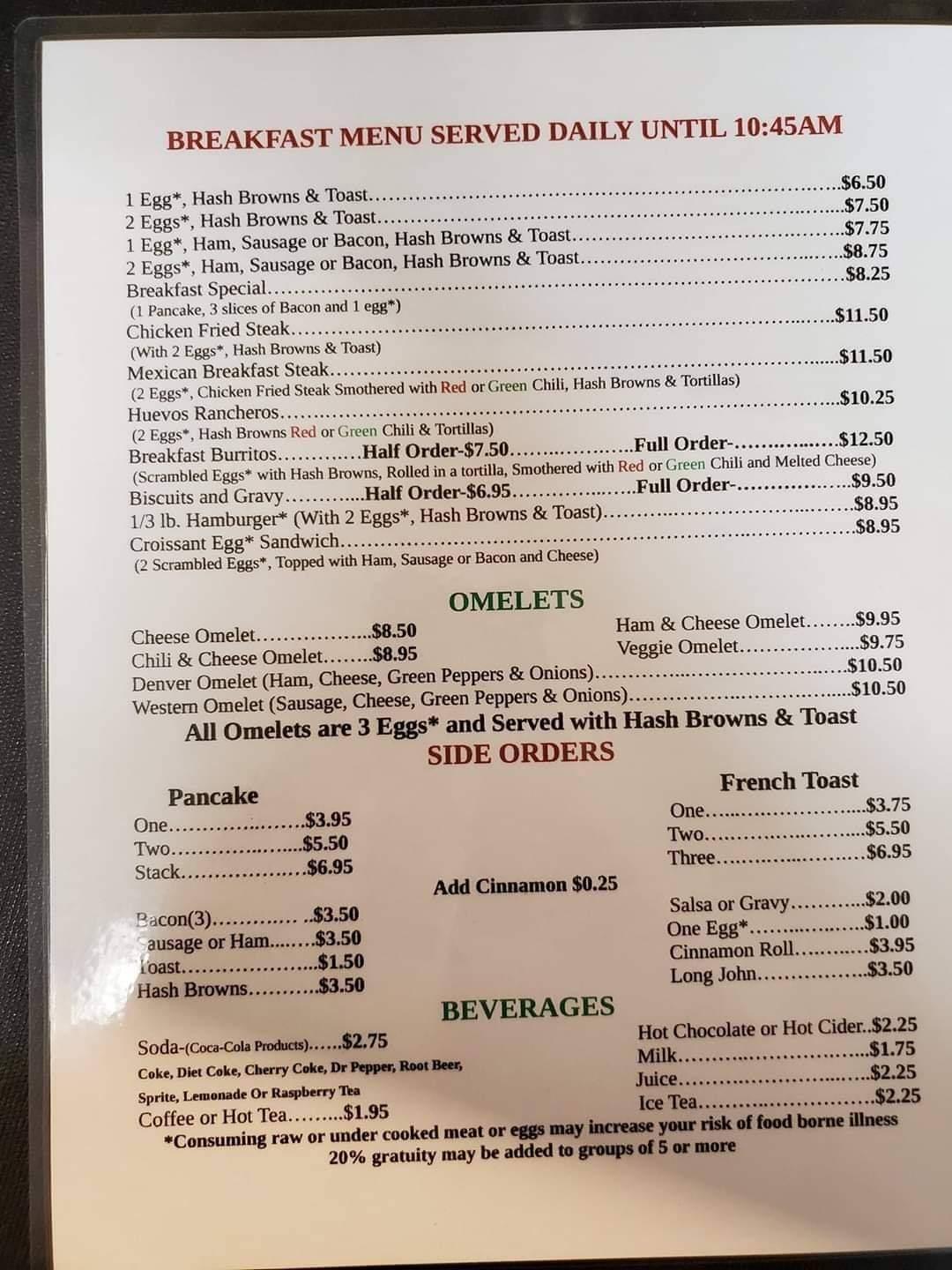 Menu at Oasis restaurant, Saguache