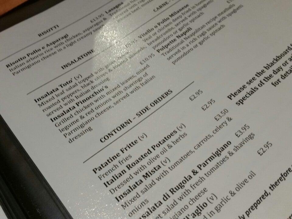 Menu at Pinocchio's Restaurant, Canterbury