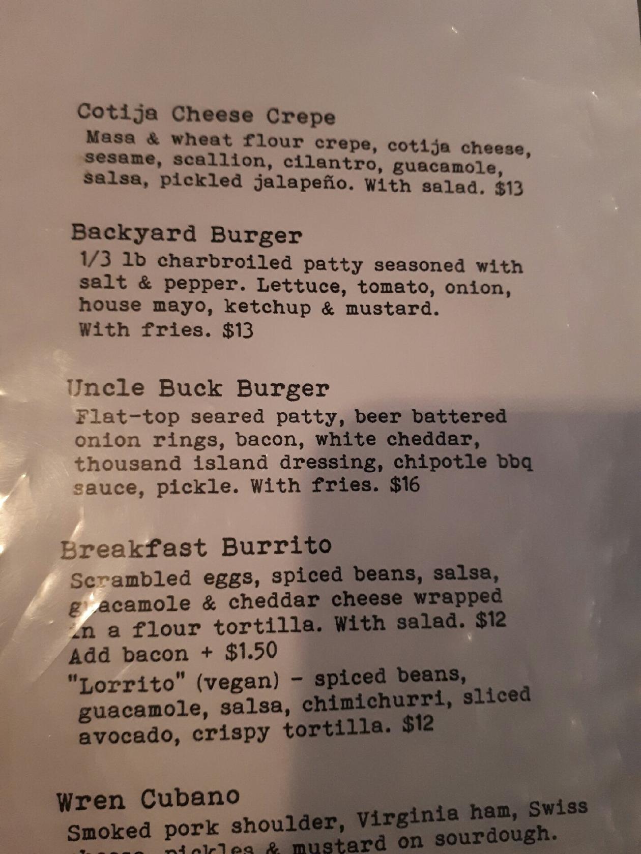 Menu at The Wren pub & bar, Toronto