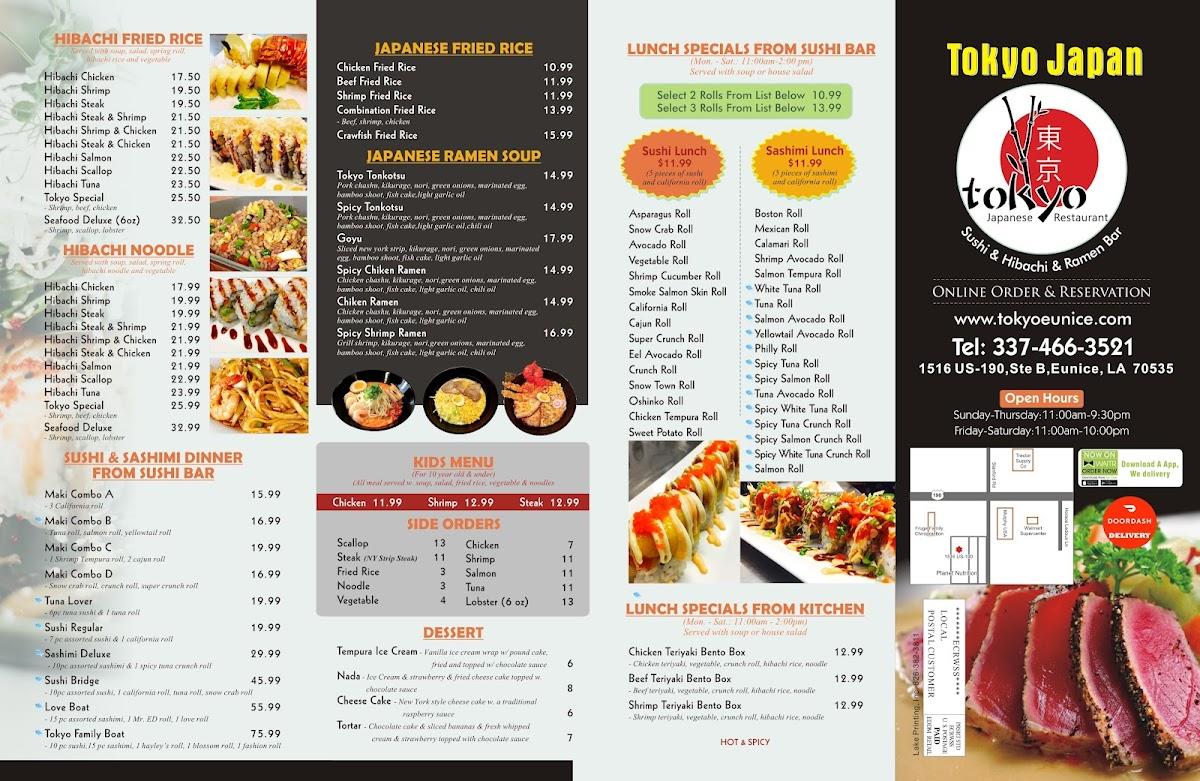 Menu at Tokyo Japan restaurant, Eunice