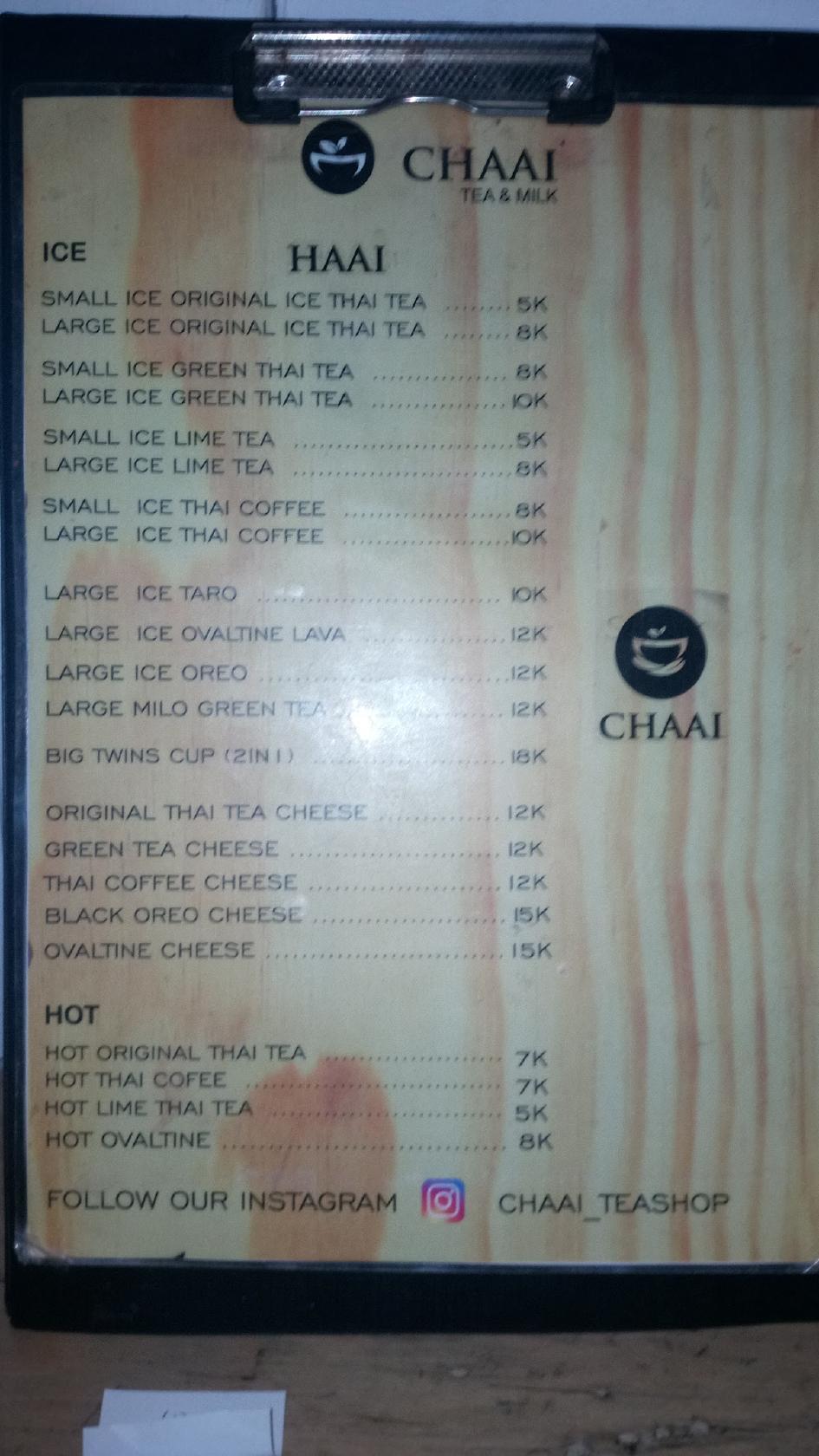 Menu at Chaai Jatinangor cafe, Cibeusi
