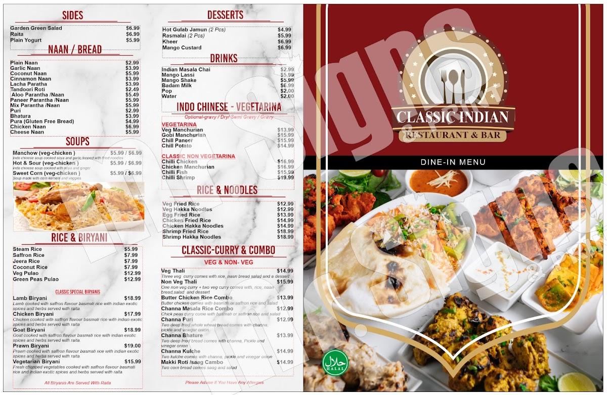 Menu at Classic Indian Restaurant & Bar, Edmonton