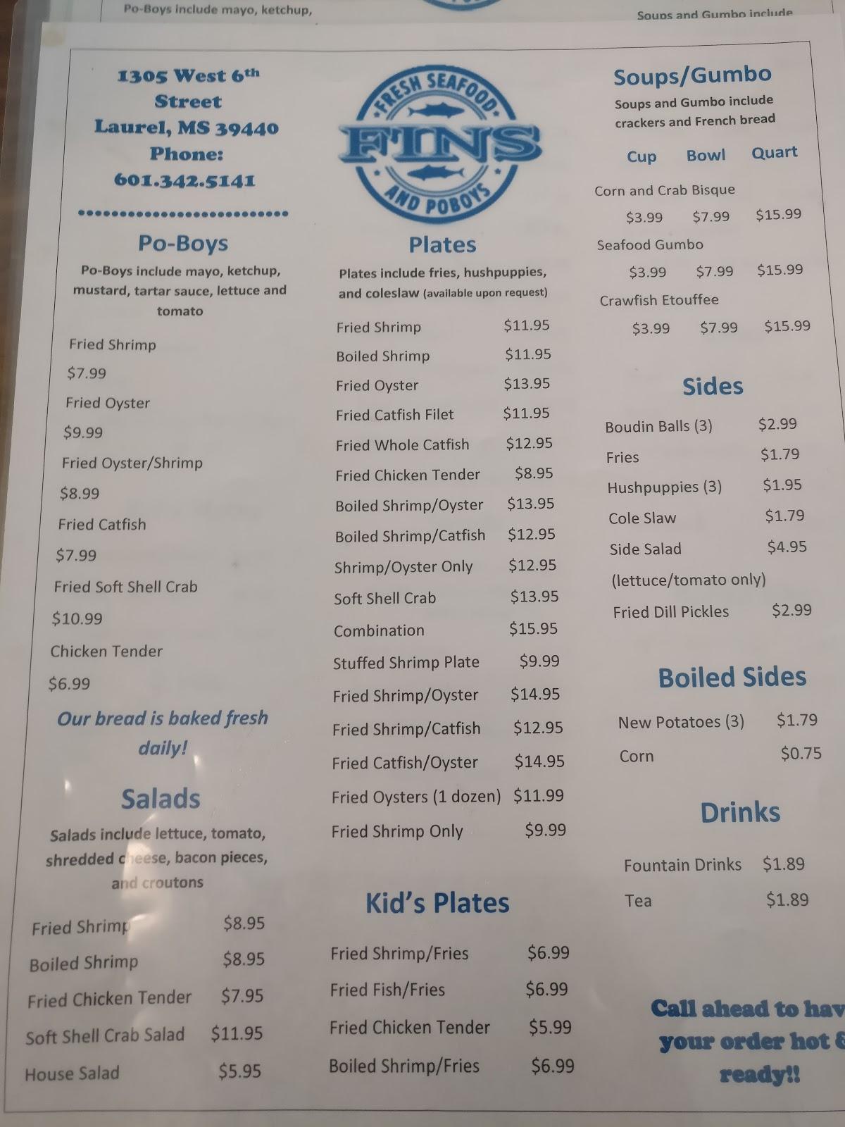 Menu at Fins Fresh Seafood and Po Boys restaurant, Laurel