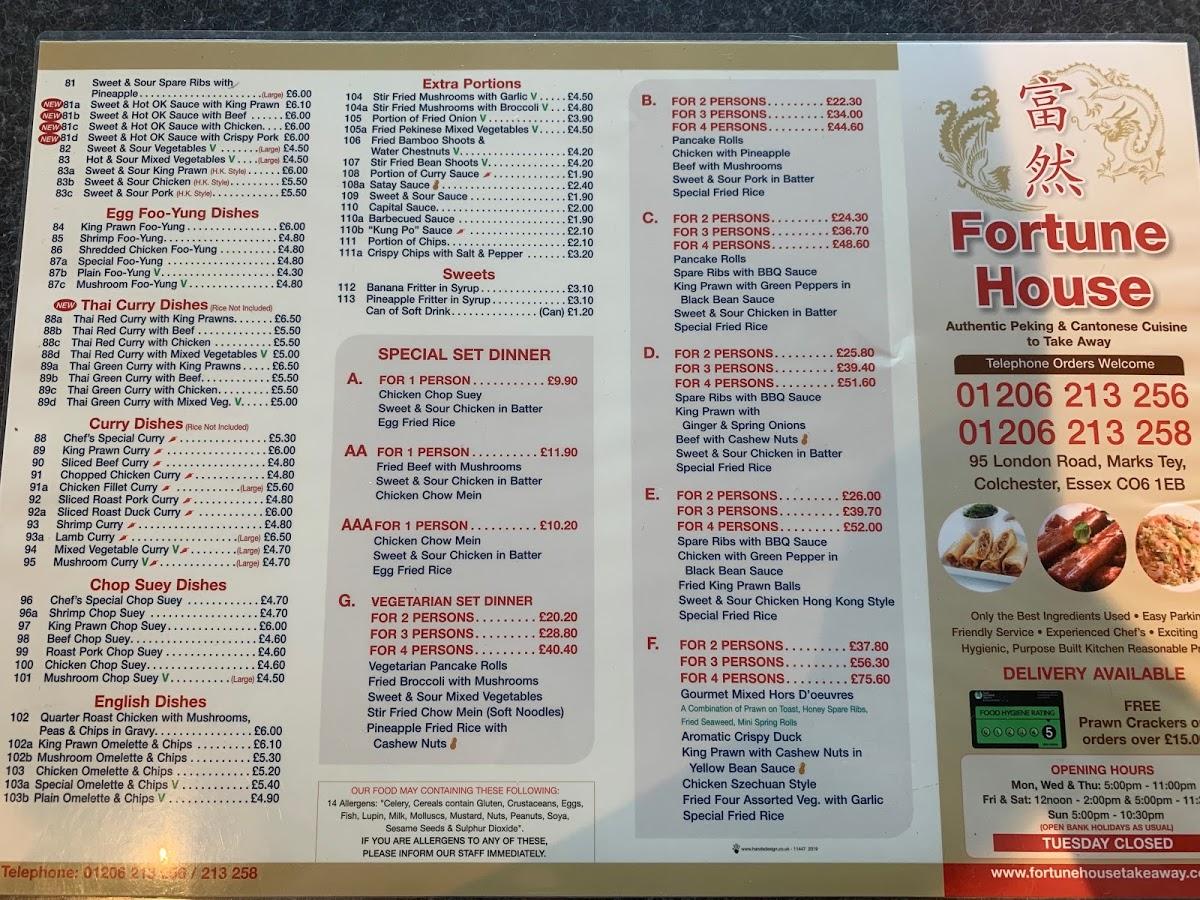 Menu at Fortune House fast food, Copford