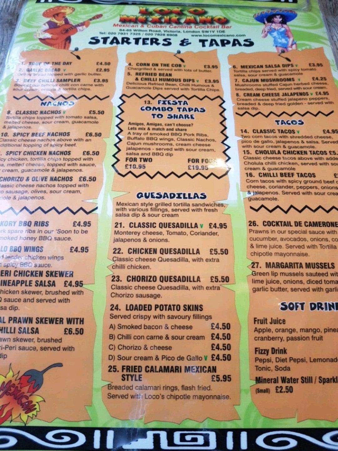 Menu at Loco Mexicano restaurant, London, 64-65 Wilton Rd