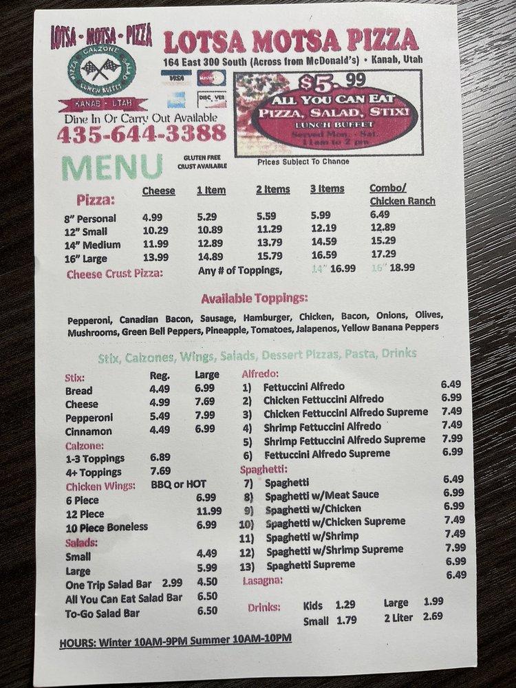Menu at Lotsa Motsa Pizza pizzeria, Kanab