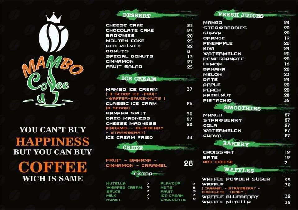 Menu at Mambo cafe, Alexandria