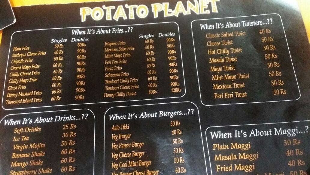 Menu at Potato Planet, Agra
