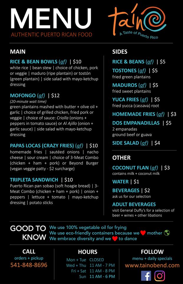 Menu at Taino Food Truck restaurant, Crooked River Ranch, SW Commercial ...