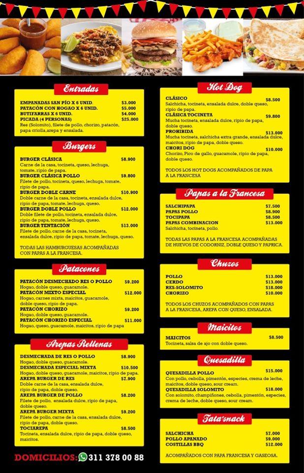 Carta del restaurante Tata's Burgers y Pizza, Envigado