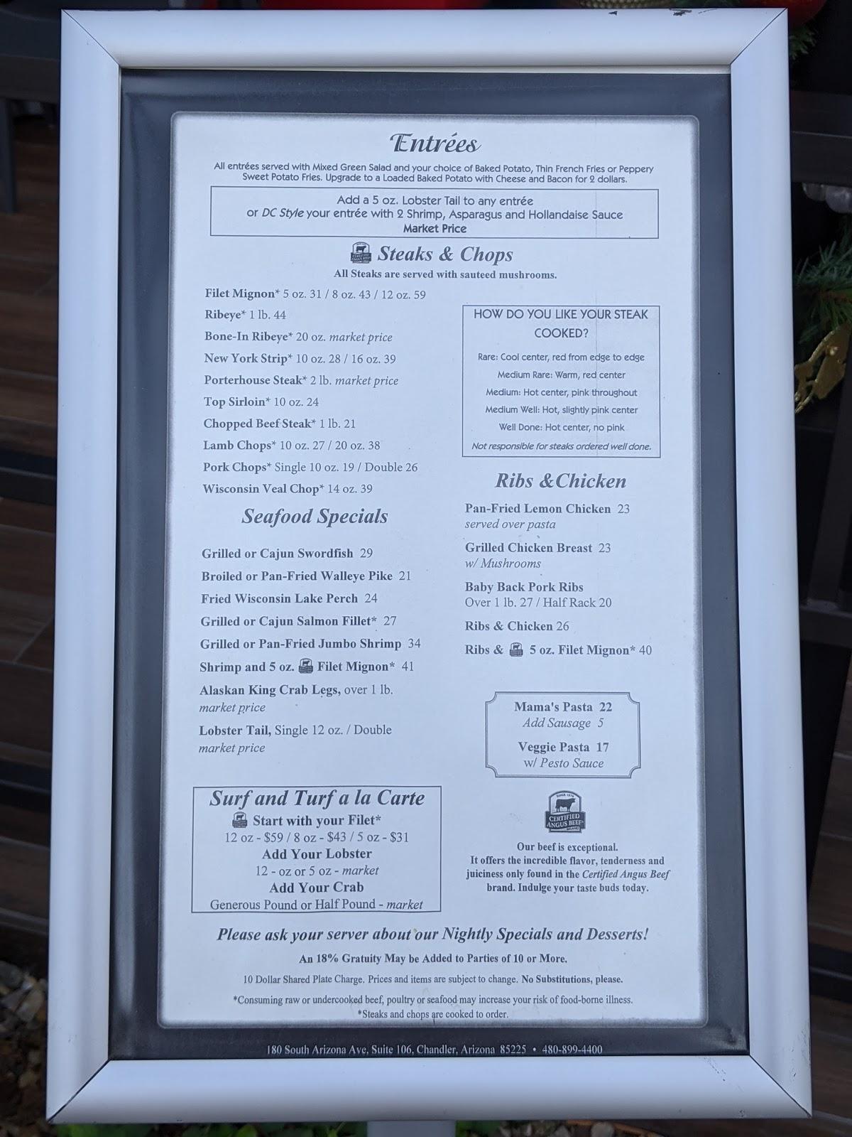 Carta del pub y bar DC Steak House, Chandler
