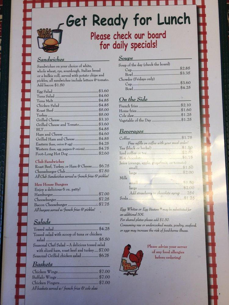 Menu at The Hen House restaurant, Gardner