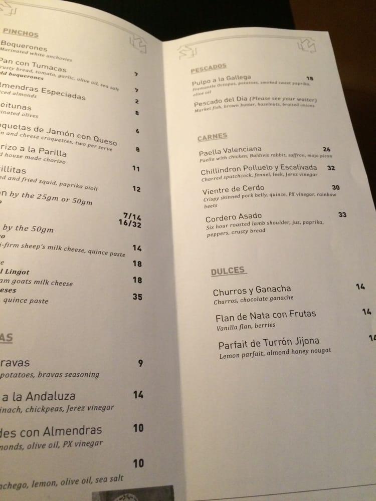 Menu at La Linea, Leederville