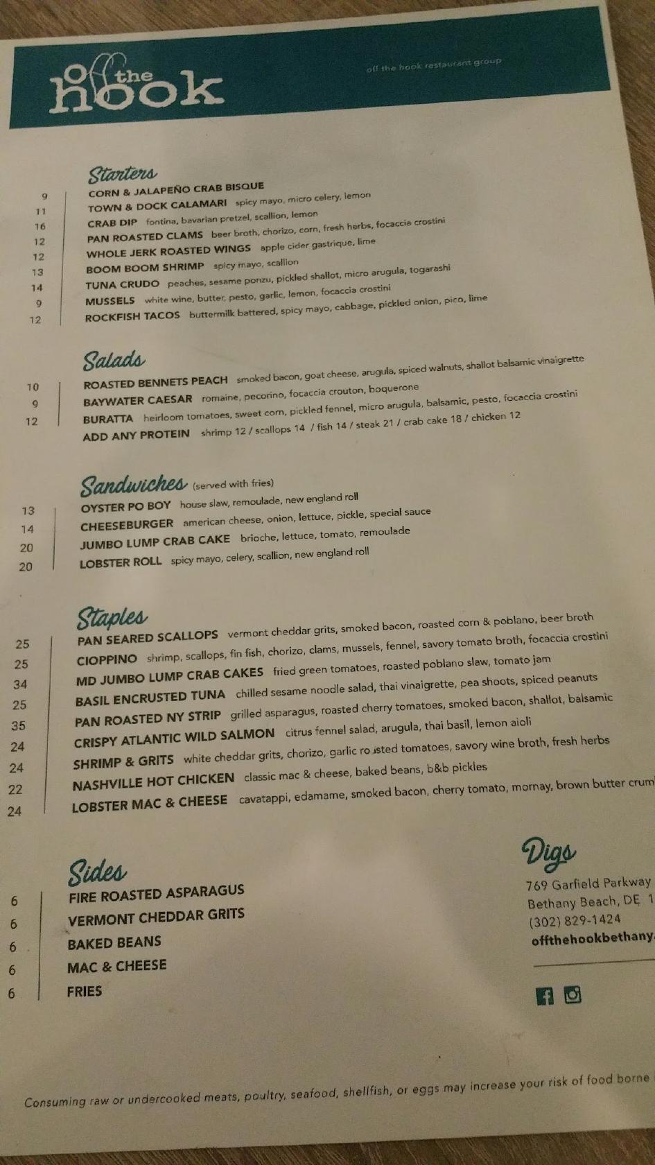 Menu at Off the Hook pub & bar, Bethany Beach
