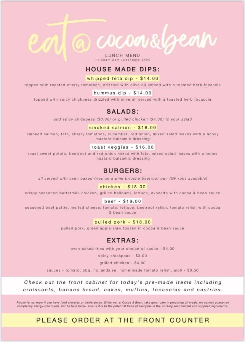 Menu at Cocoa & Bean cafe, Griffith