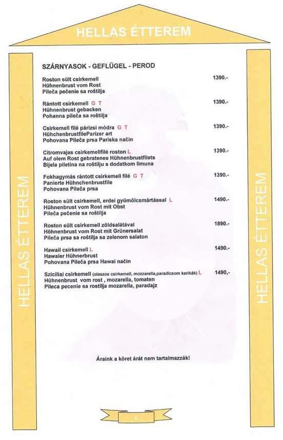 Menu at Hellas Étterem restaurant, Harkány