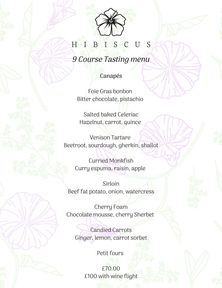 Menu at Hibiscus restaurant, Northampton