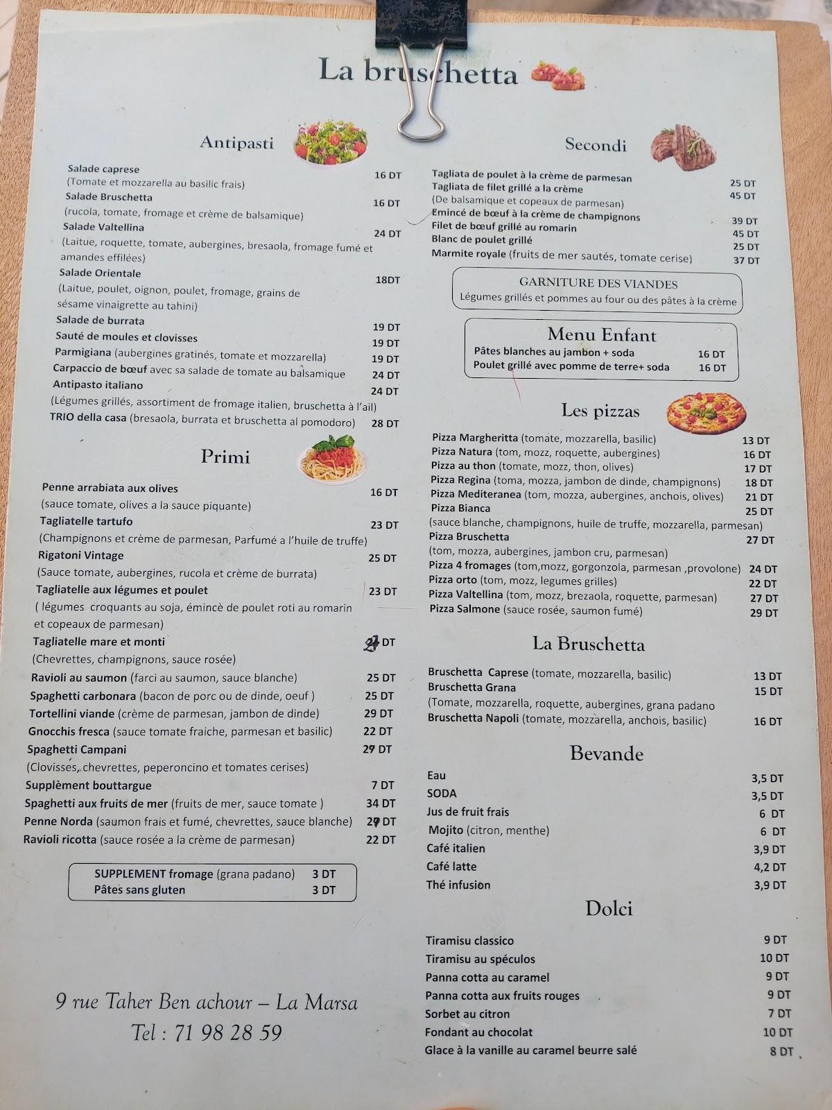 Menu at La Bruschetta restaurant, La Marsa