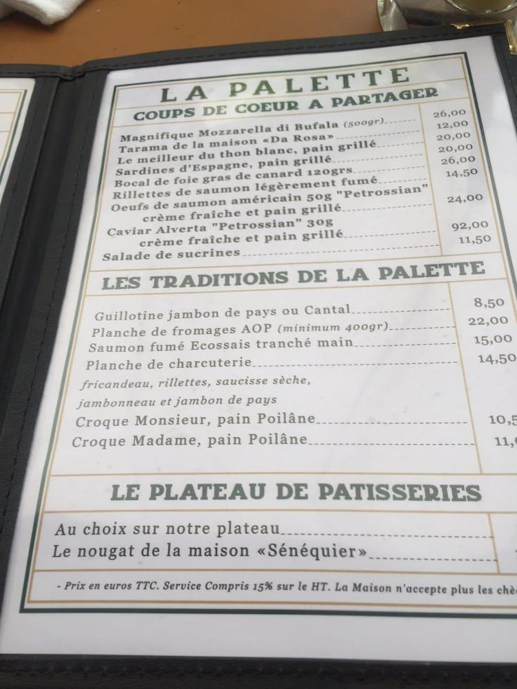 Carta del restaurante La Palette, Paris, 43 Rue del Seine