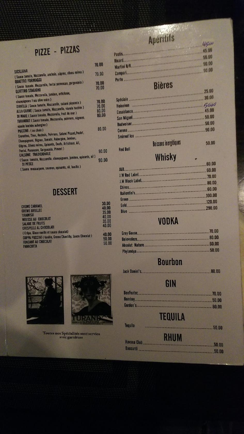 Menu at Puccini restaurant, El Jadida