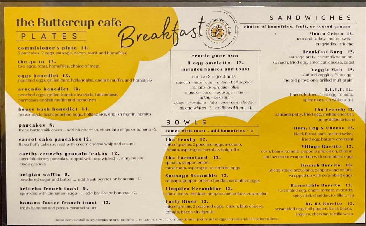 Menu at The Buttercup Cafe, Barnstable