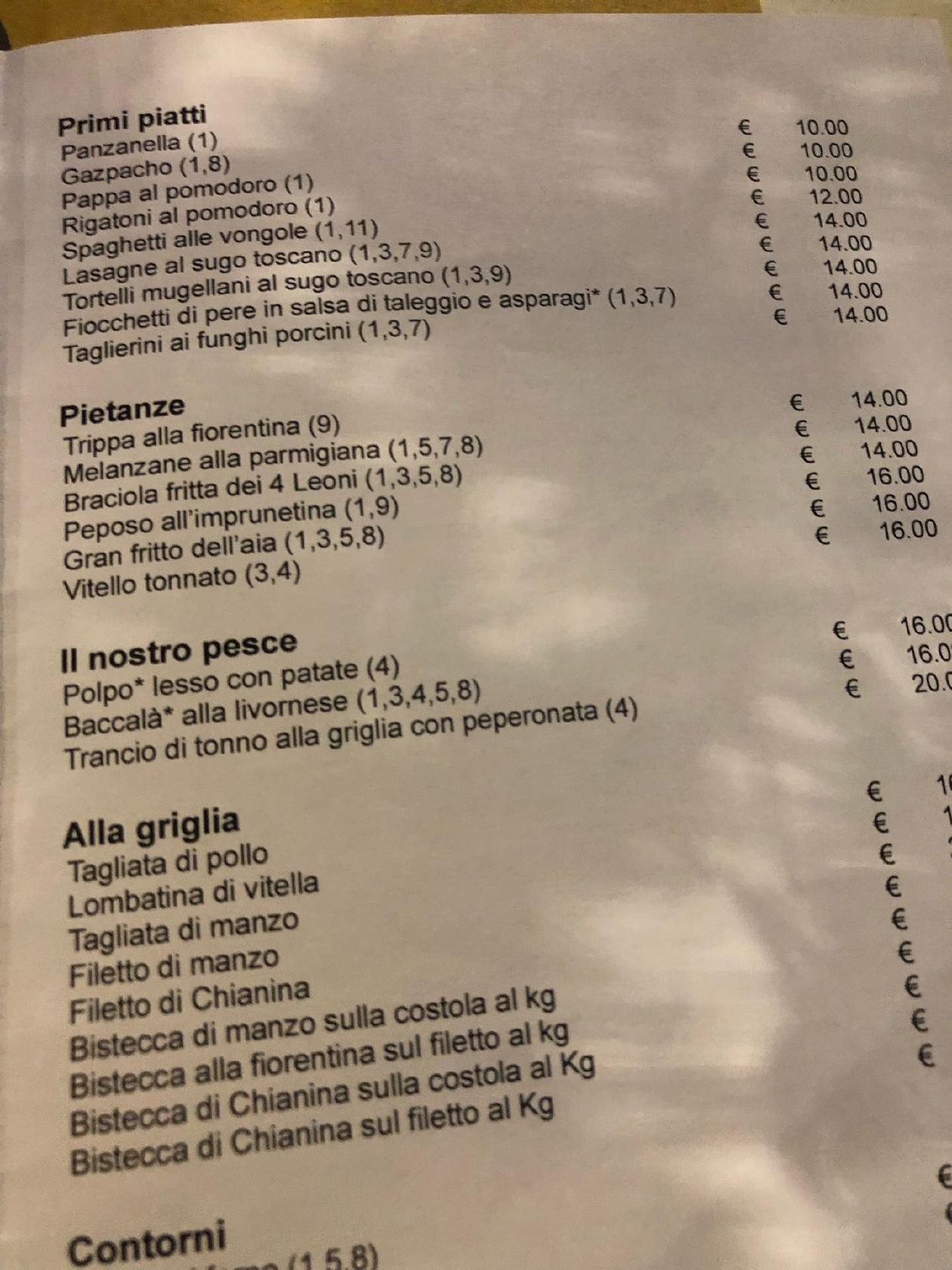 Speisekarte von 4 Leoni pizza, Florenz, Via dei Vellutini