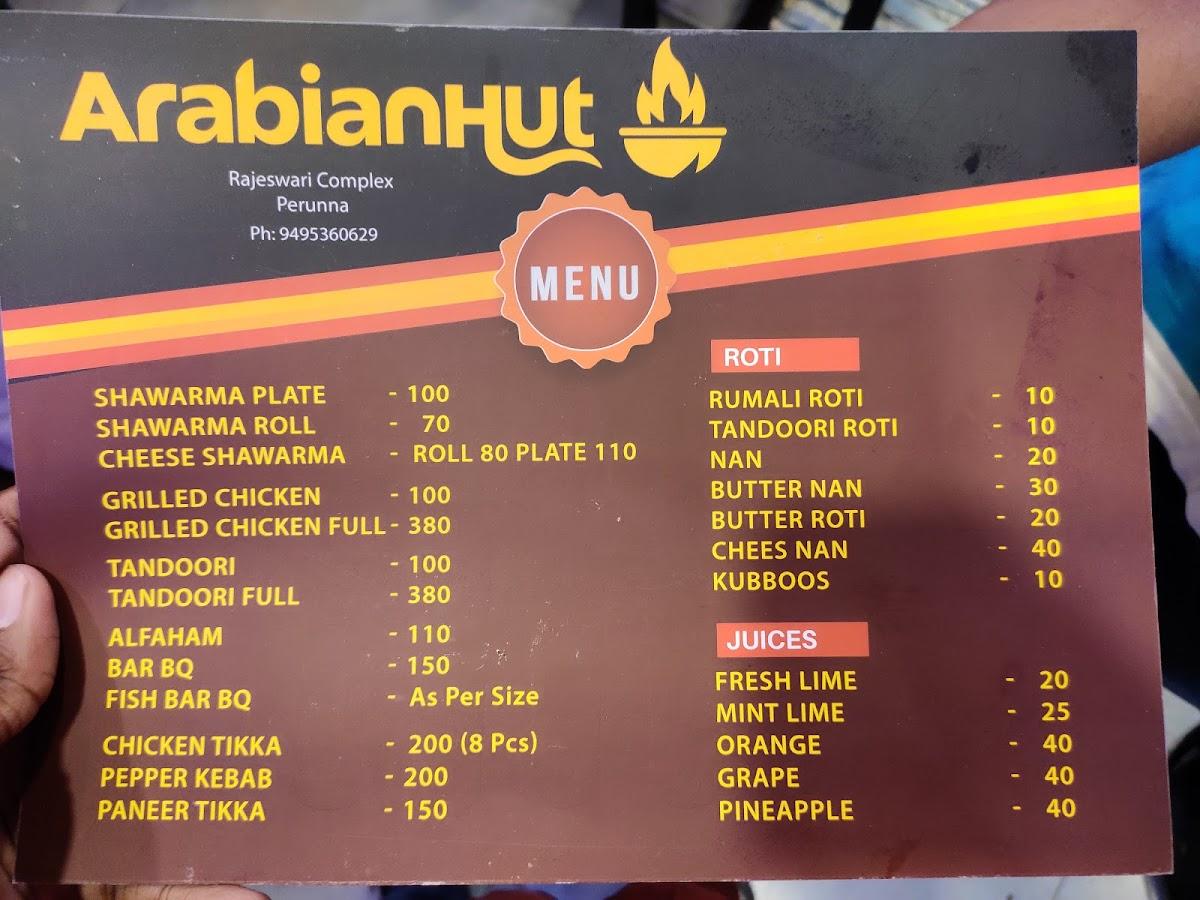 Menu at Arabian Hut, Changanassery