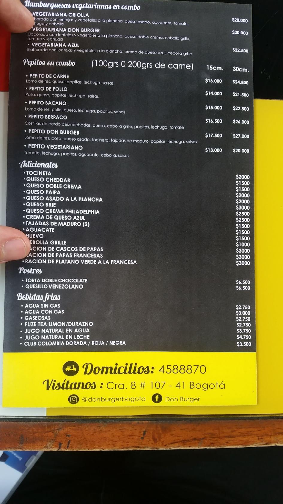 Menu at Don Burger Hamburgueseria restaurant, Bogotá