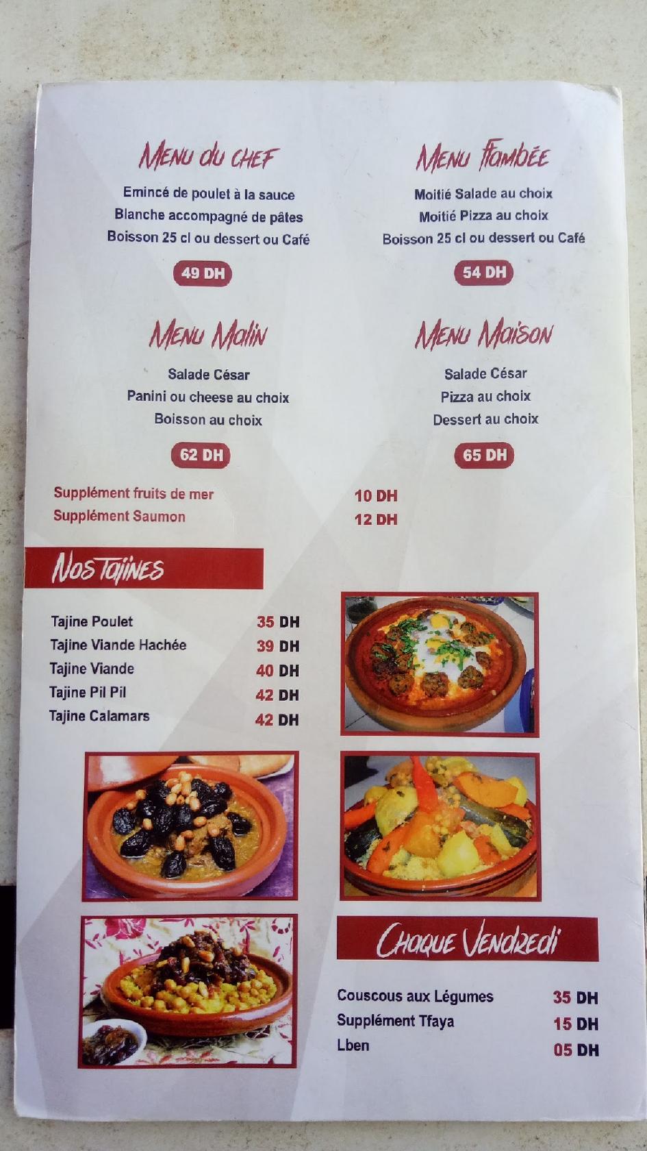 Menu at La Flambée restaurant, Rabat, Mabella