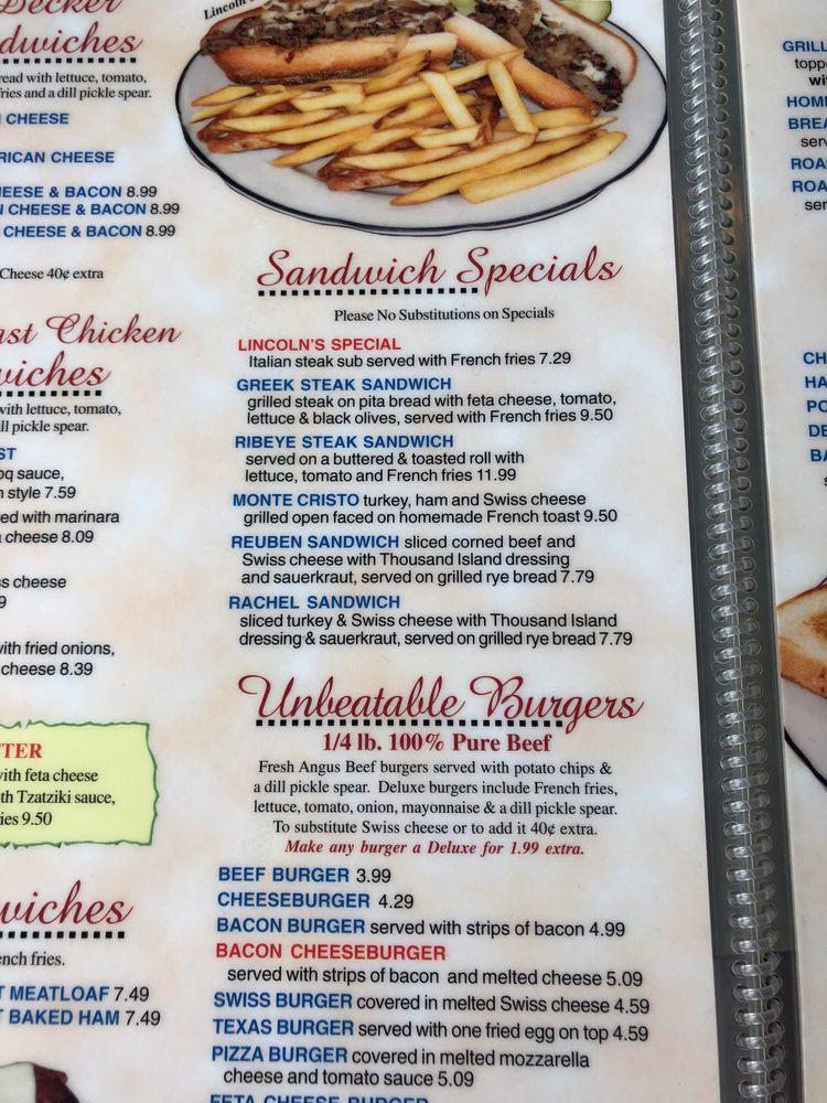 Menu at Lincoln Diner restaurant, Gettysburg