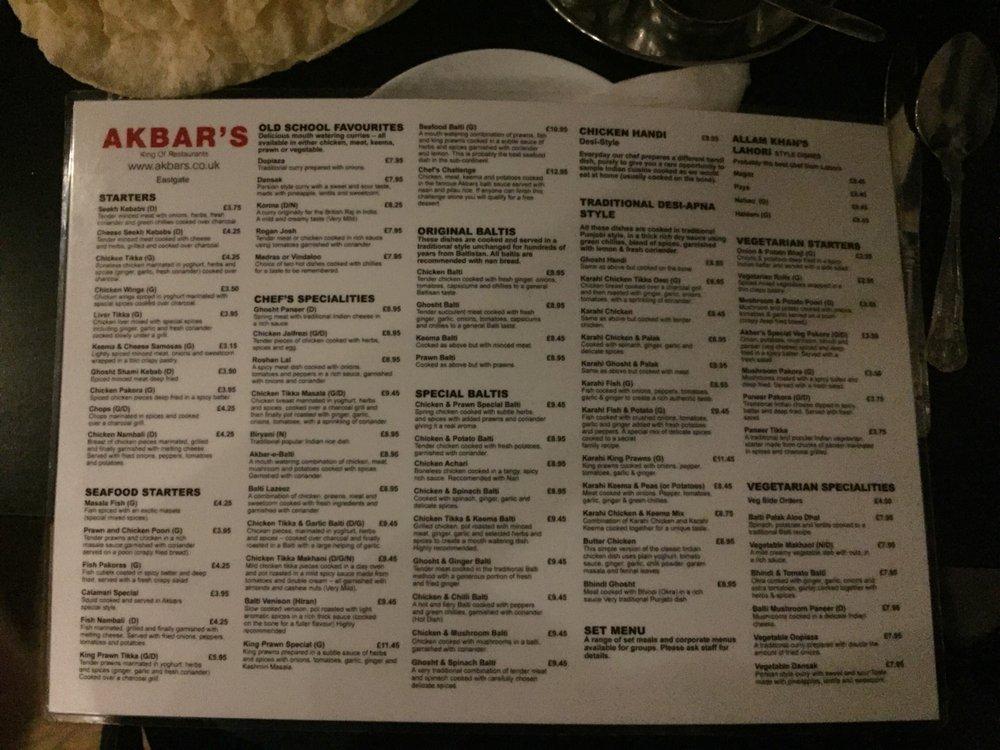 Menu at Akbar's Restaurant, Leeds, 15 Eastgate