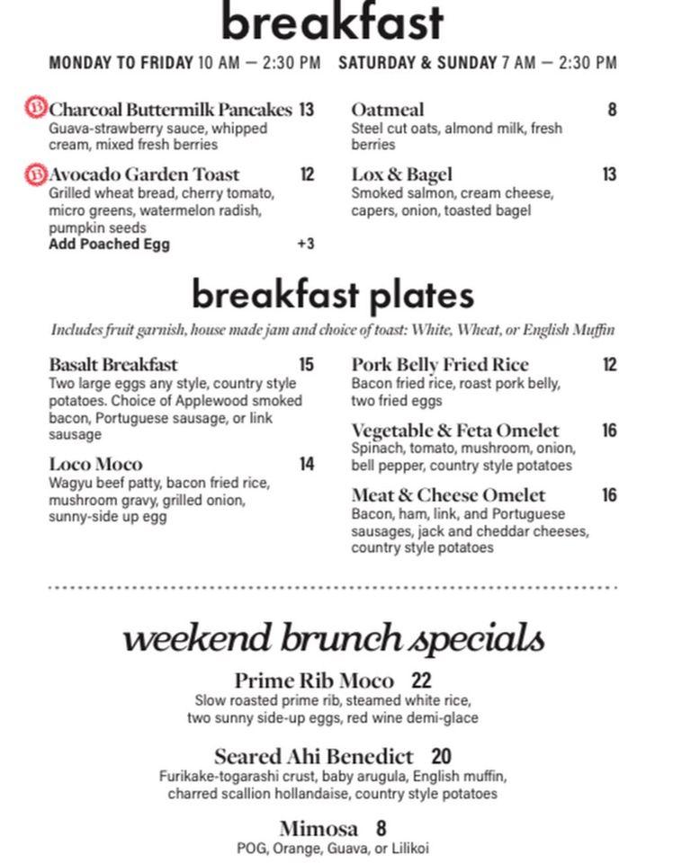 Menu at Basalt pub & bar, Honolulu, Kūhiō Ave.