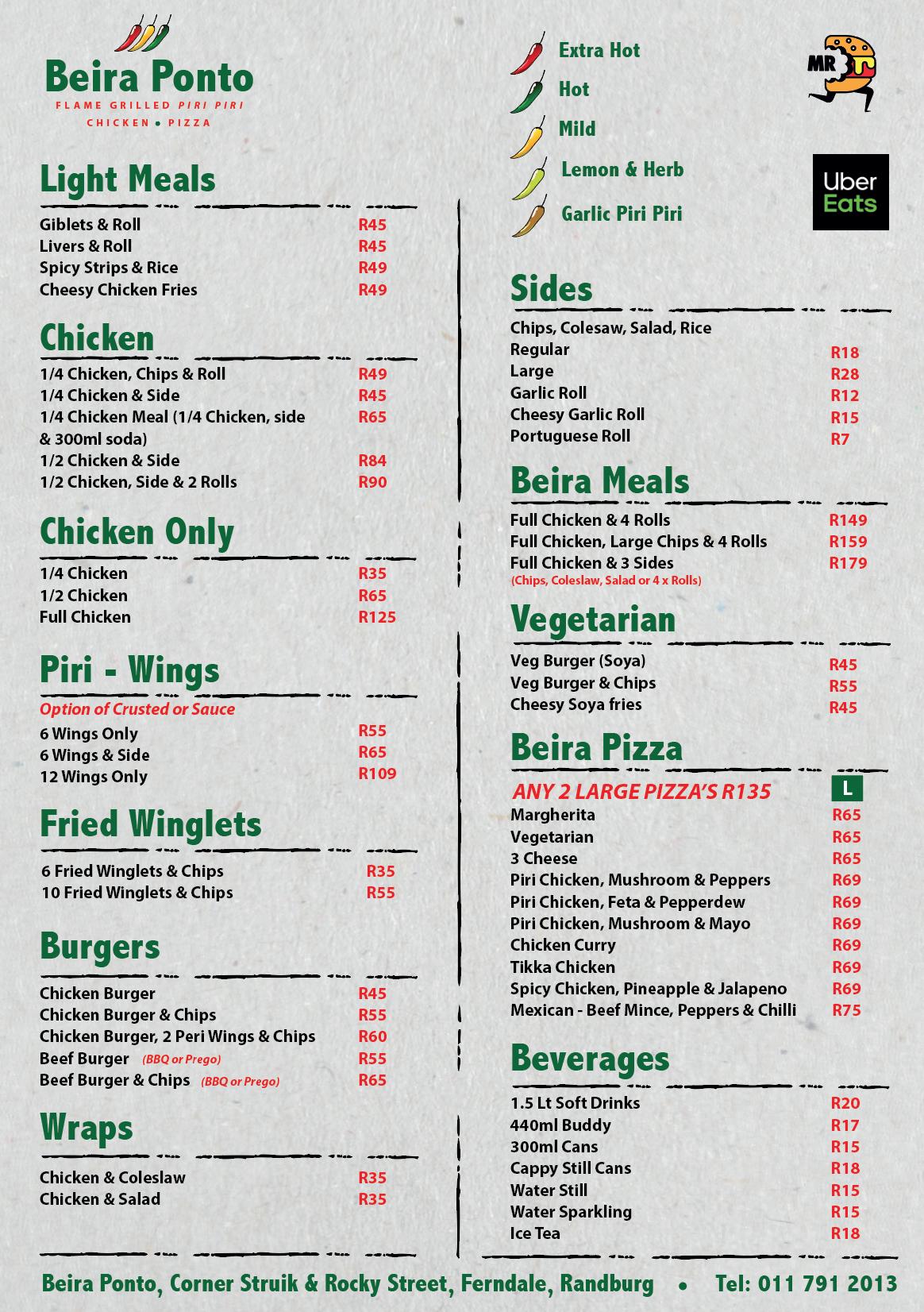 Menu at Beira Ponto restaurant, Johannesburg