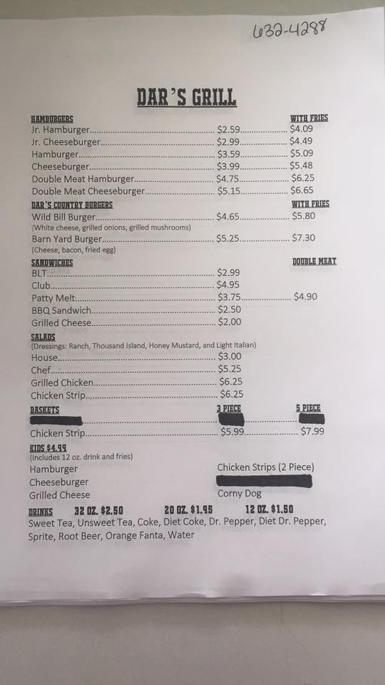Menu at Dar's Grill restaurant, Lufkin