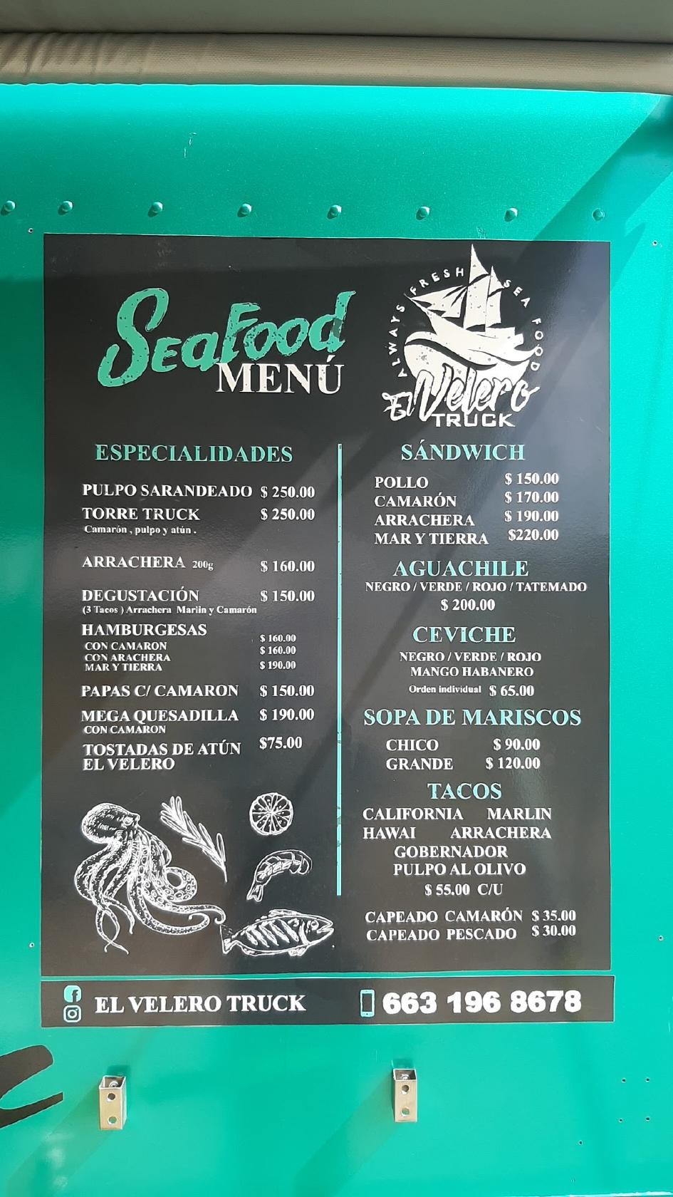 Carta del restaurante El velero truck, Tijuana