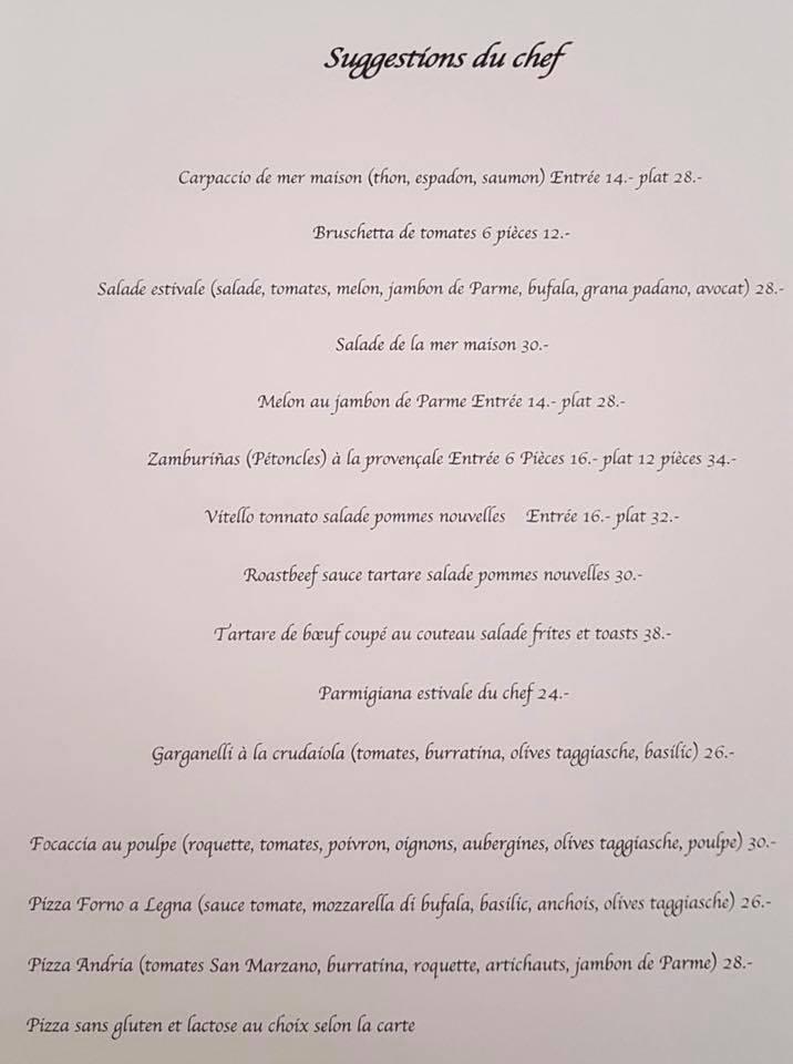Menu da Il Forno a Legna, Ginevra