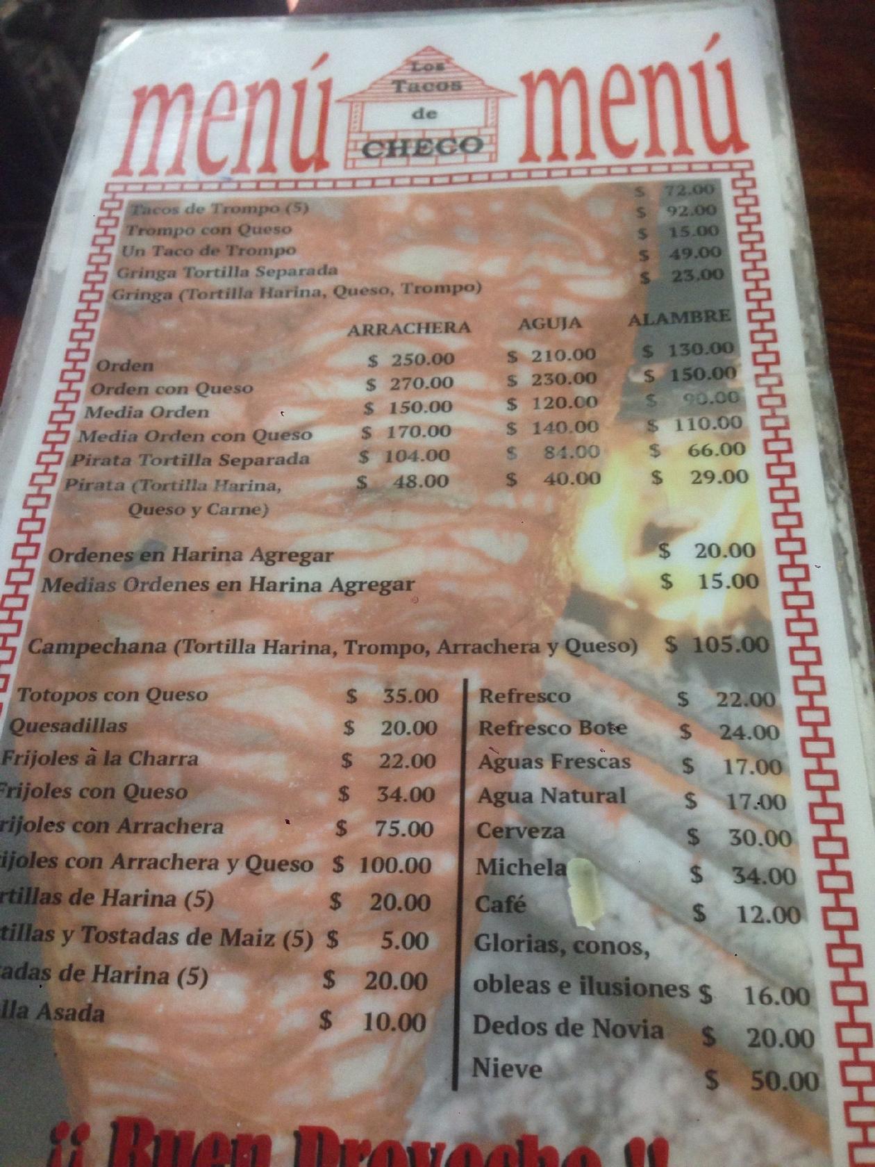 Carta del restaurante Tacos Checo, Saltillo